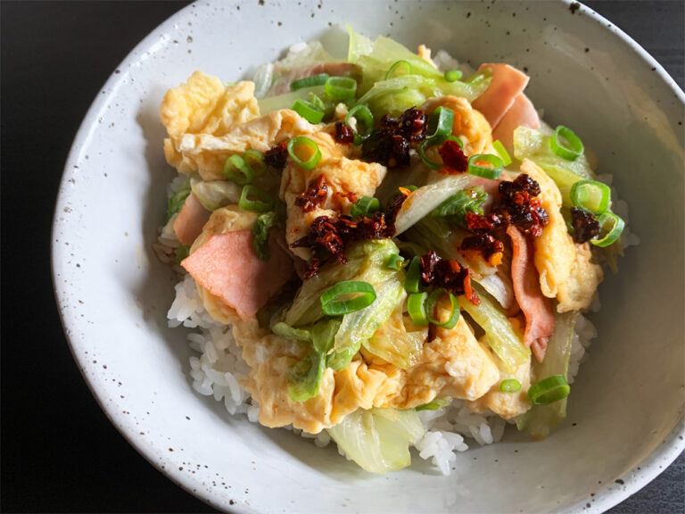 Stir-fried Ham, Egg & Lettuce Rice Bowl – Hiroko's Recipes